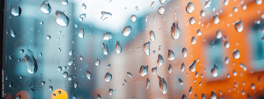 A rain-soaked window frame up close, revealing water droplets In the ...
