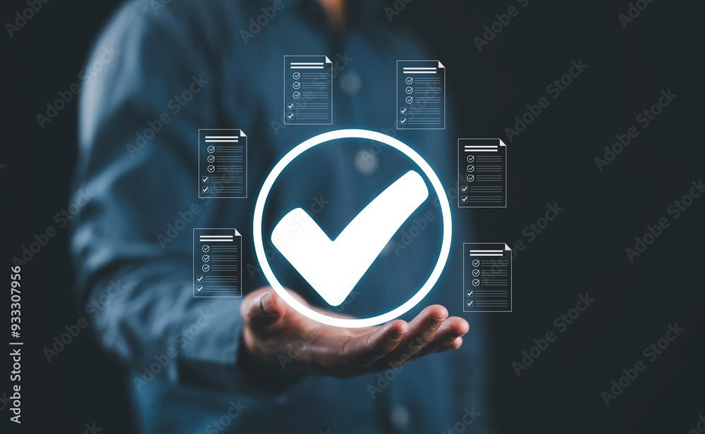 hand show checkmark task audit in a list of documents, tick process ...