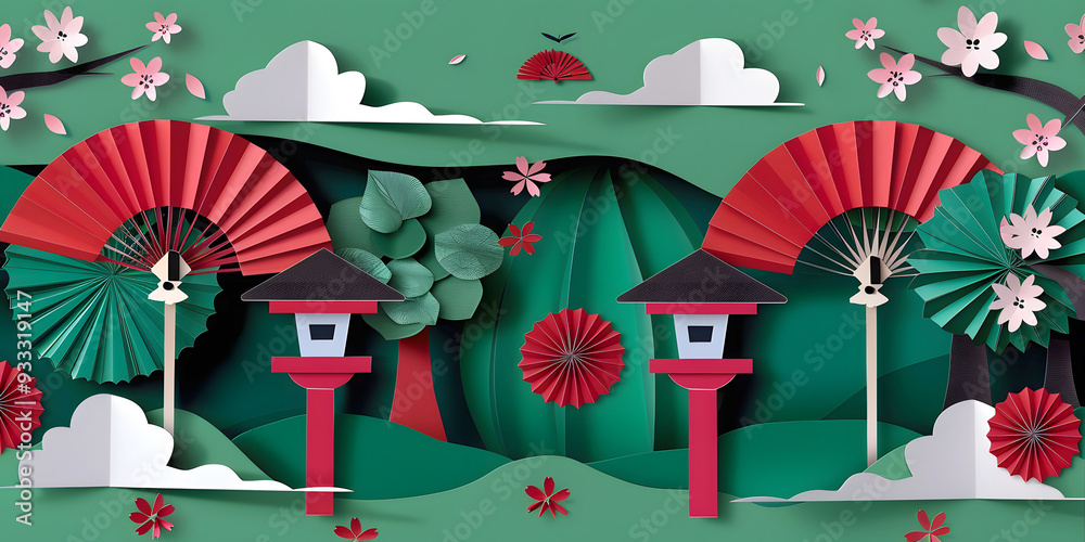 3d Red, Green Papercut Art: Snowy Mountain Landscape with Sun, Cherry ...