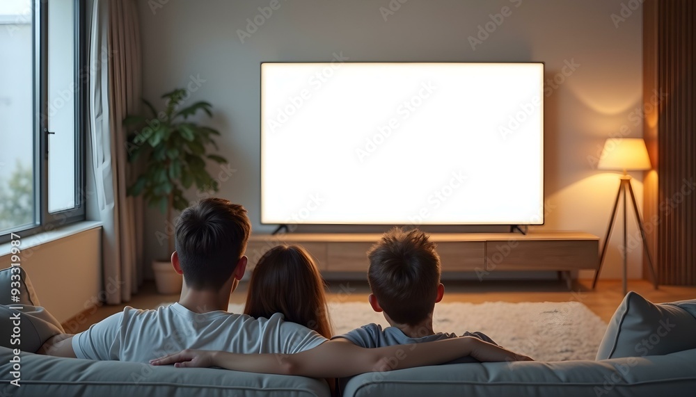 Two man watching TV concept, Young couple is watching TV with a blank ...