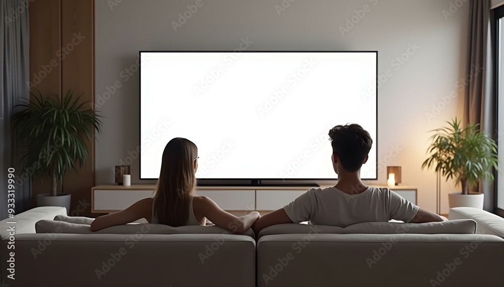Two man watching TV concept, Young couple is watching TV with a blank ...