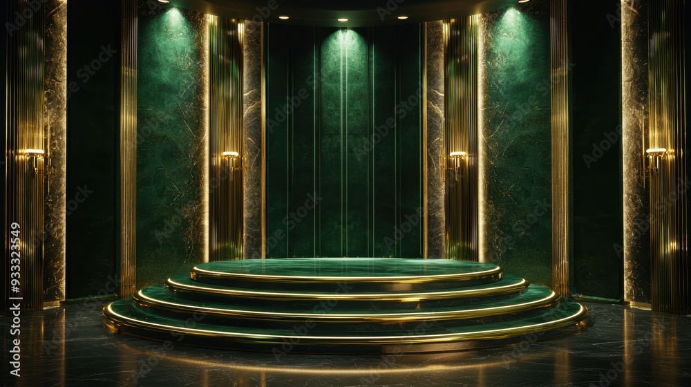 Emerald Velvet and Gold Trim Podium, a luxurious stage design featuring ...