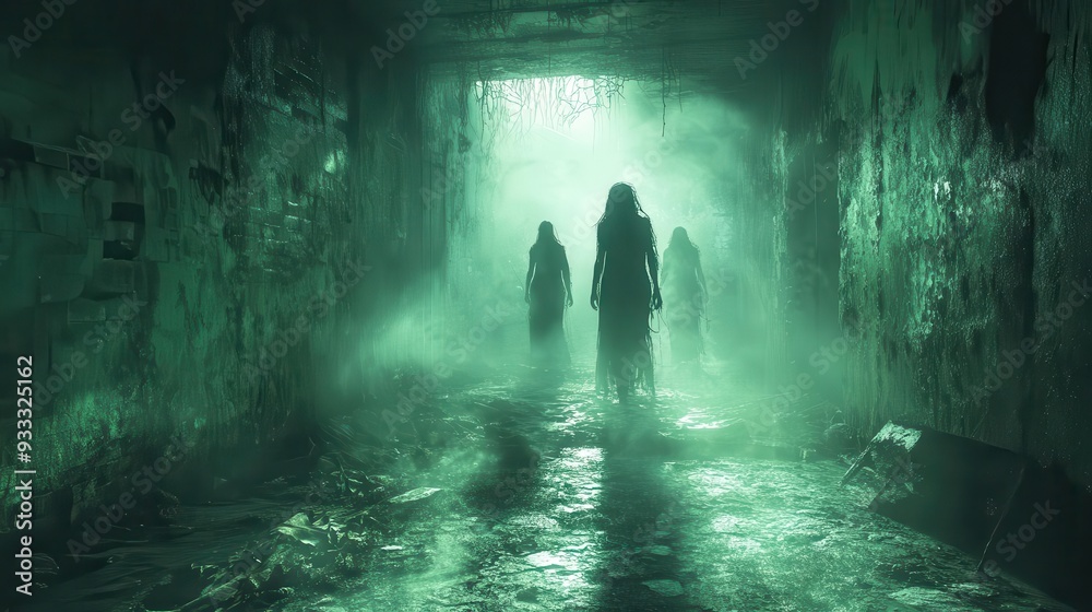 eerie scene of ghostly figures emerging through crumbling wall backlit ...