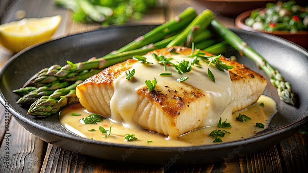 Pan-seared Chilean sea bass with beurre blanc sauce and asparagus ...