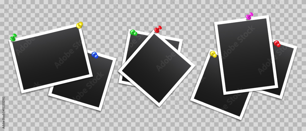 Vector blank photo frames with push pin and shadow isolated on ...