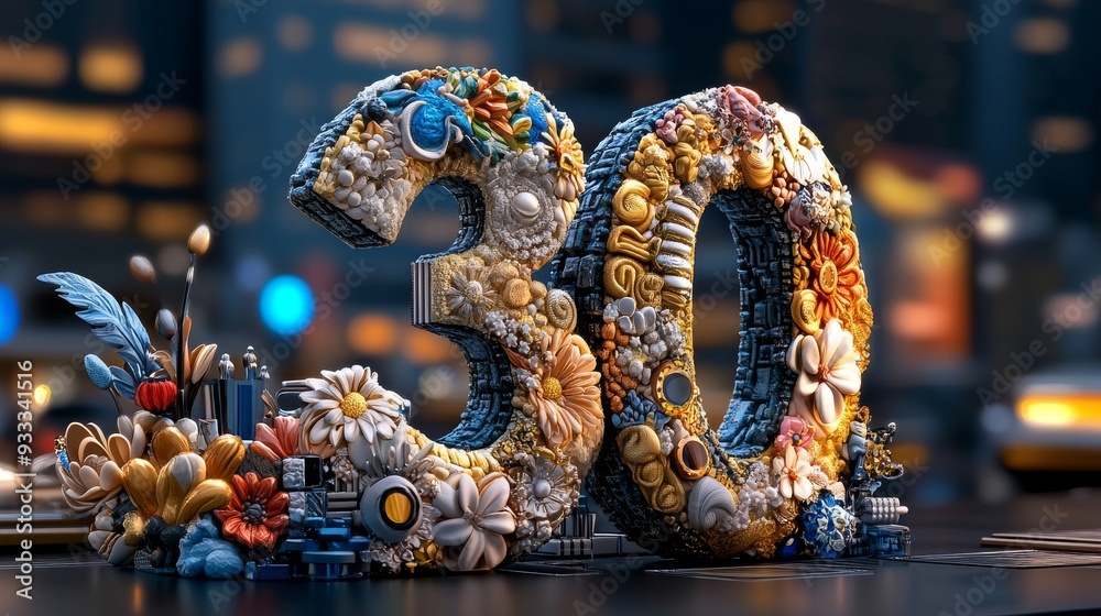 the number 30 as a 3d monument covered with different textures of ...