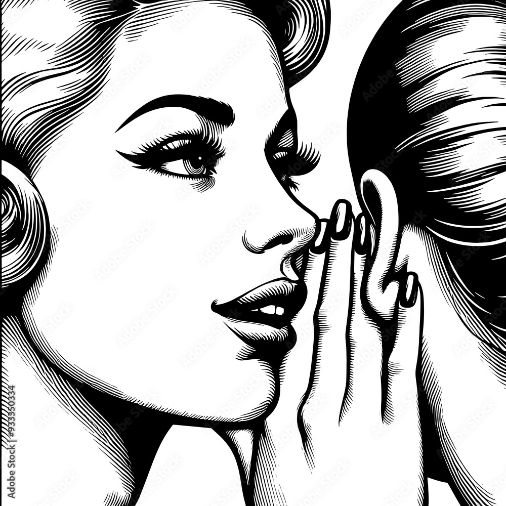 pin-up girls, one whispering a secret into the other ear, with ...