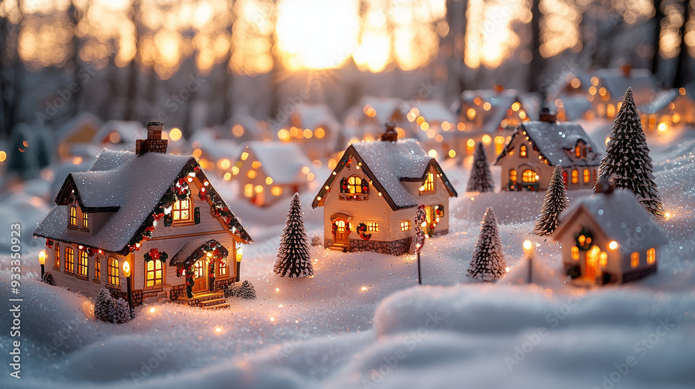 A high-res photo of a Christmas village with lit, decorated houses on ...