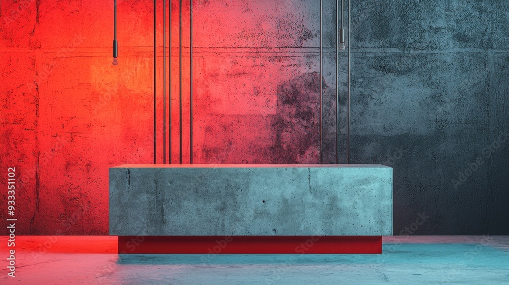 Vibrant Red and Concrete Display, A modern industrial showcase ...