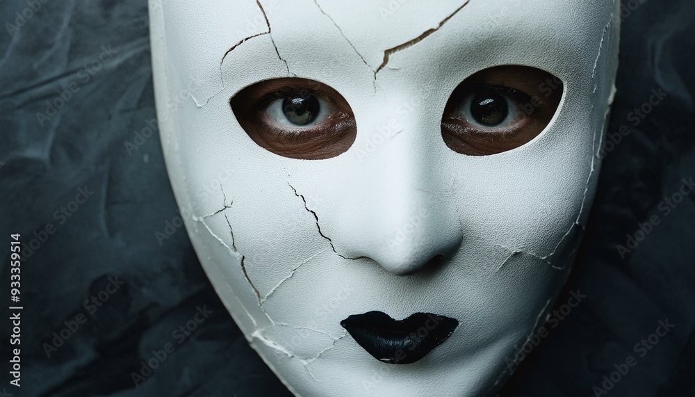 white mask with a cracked surface conceals dark eyes, suggesting a ...