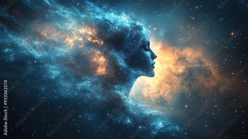 ethereal cosmic goddess figure emerging from swirling galaxy silhouette composed of stars and ...