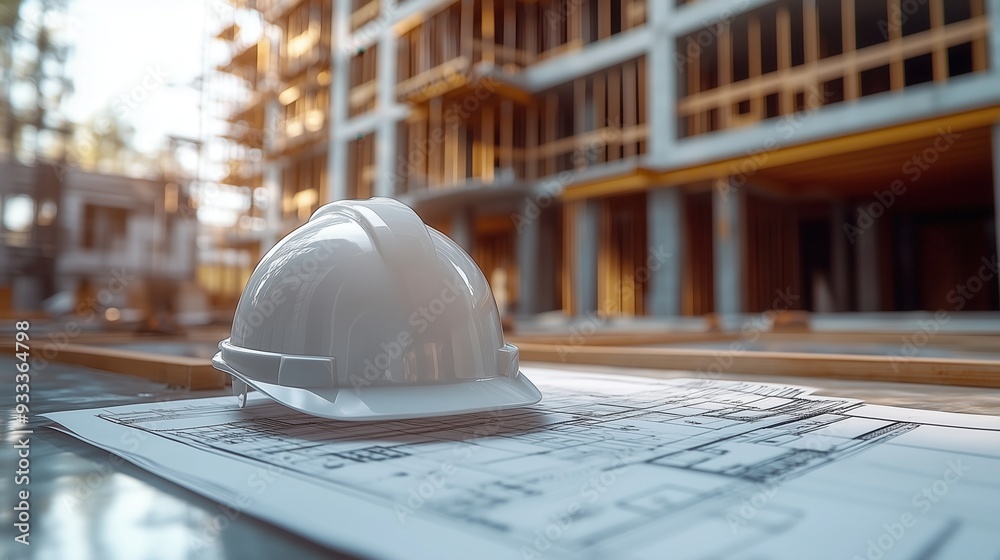 White Hard Hat on Blueprints at Construction Site. White hard hat on ...