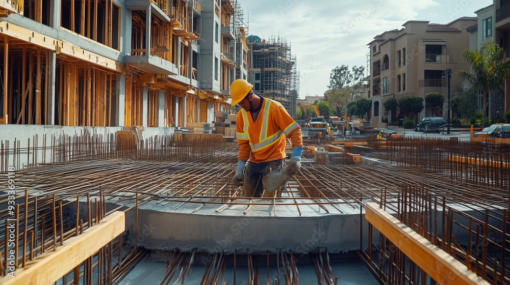 Construction Worker Reinforcing Concrete Foundation. Construction ...