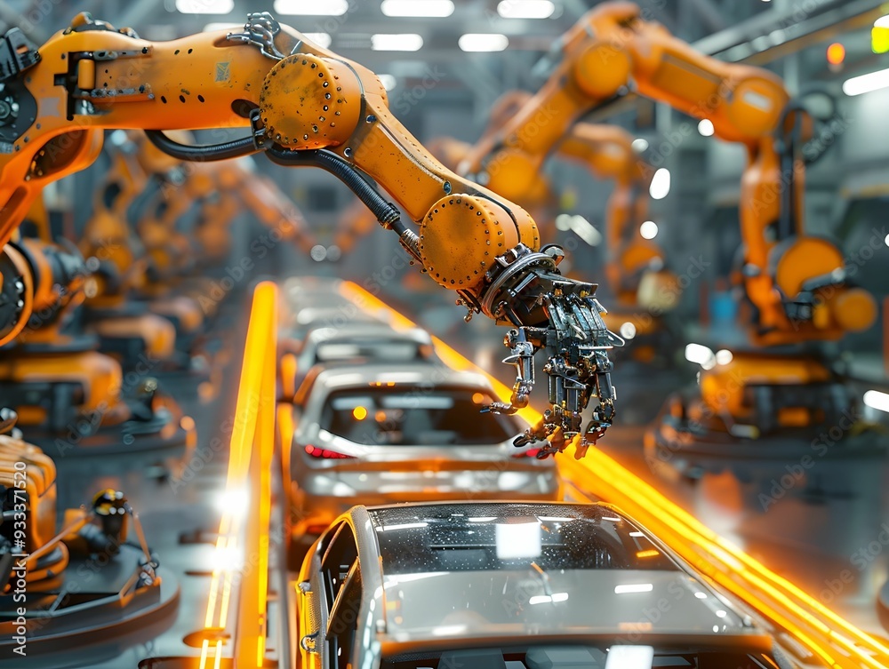 Automated assembly line in a modern car manufacturing facility showcasing robotic arms ...