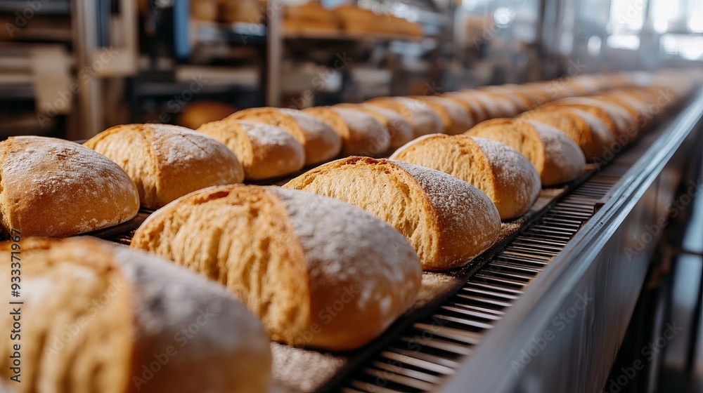 Conveyor belt full of freshly baked breads in a factory Stock Illustration | Adobe Stock
