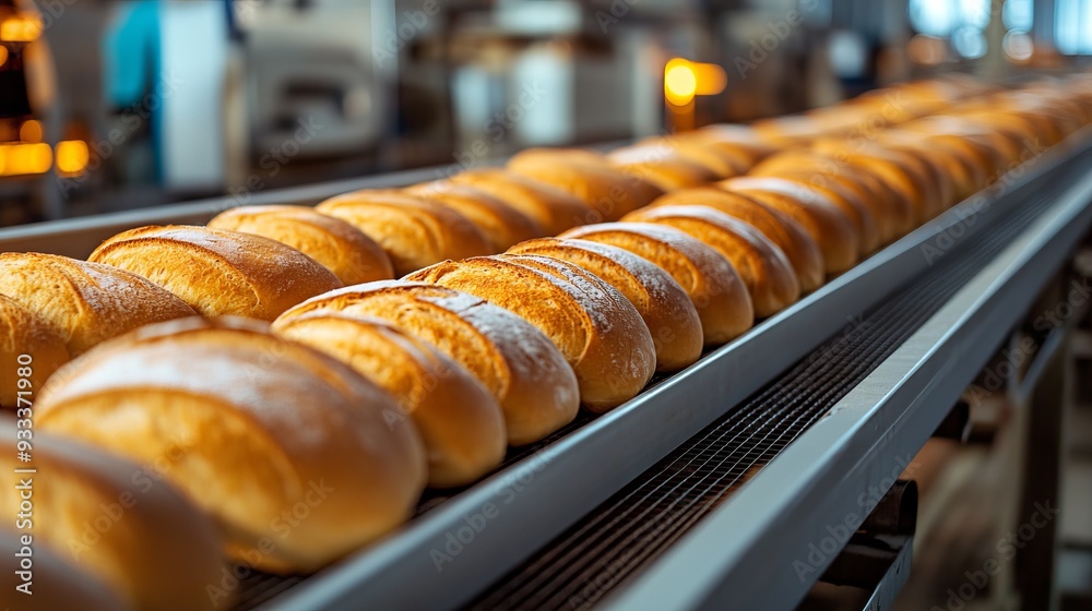 Conveyor belt full of freshly baked breads in a factory Stock ...