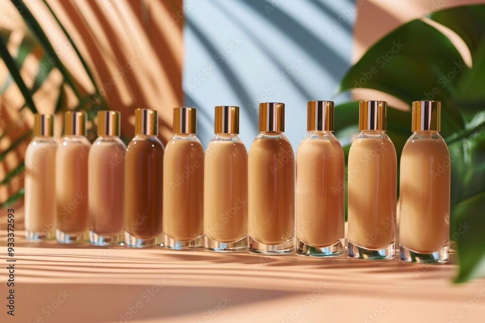 Various bottles of makeup foundation arranged artistically on a vibrant ...