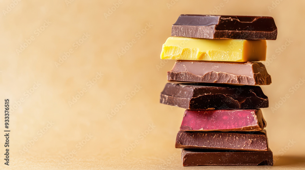 stack of different types and colors of chocolate bars on a beige ...