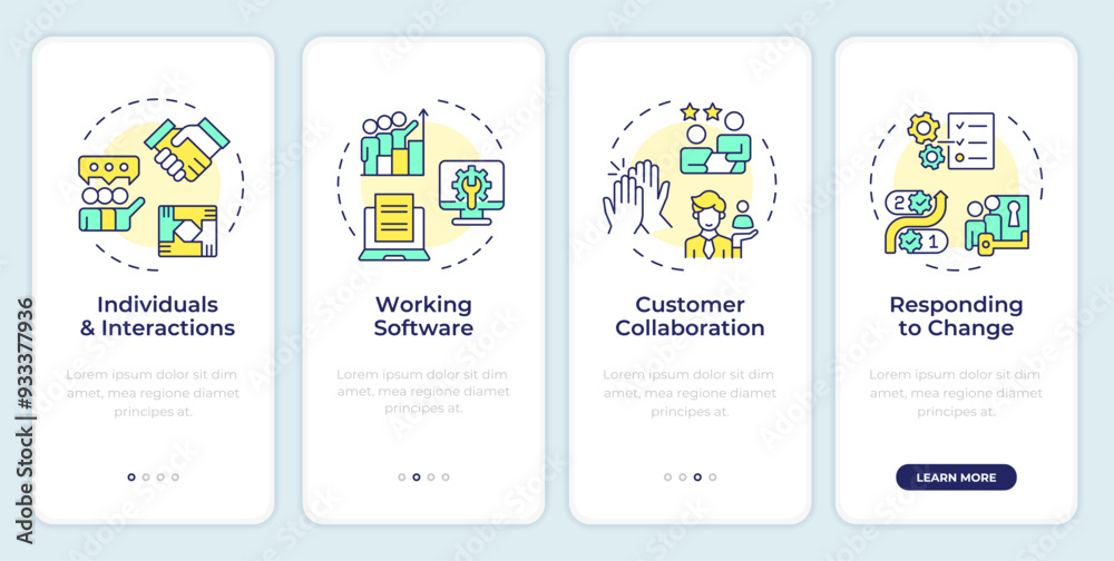Agile values onboarding mobile app screen. Workflow organization ...