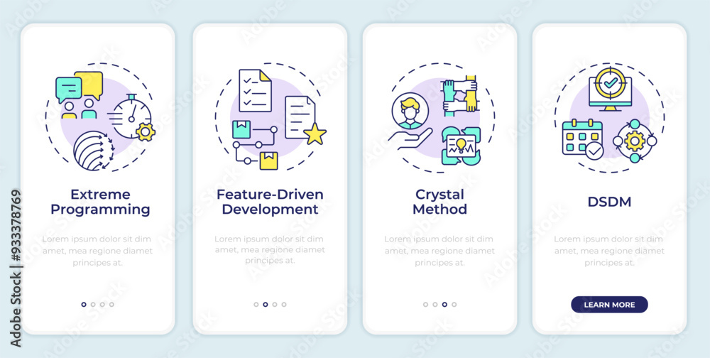 Agile methodologies onboarding mobile app screen. Walkthrough 4 steps editable graphic ...