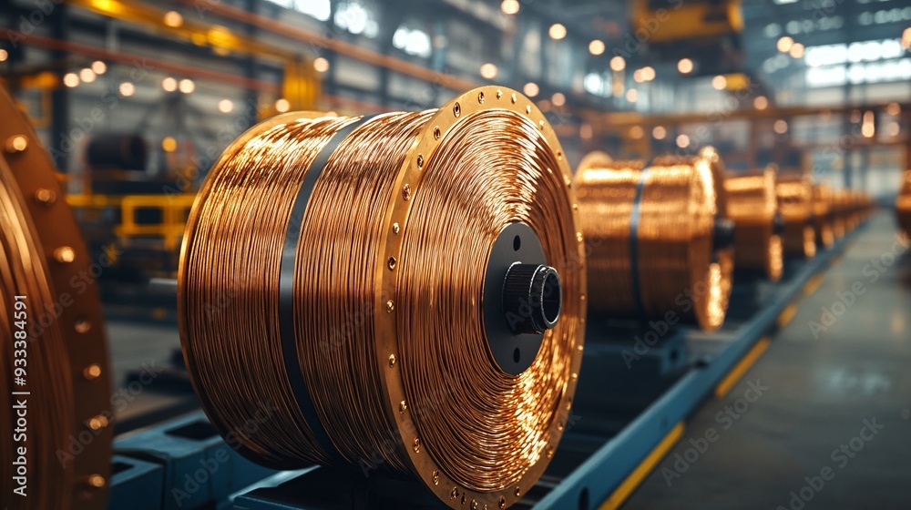 Spools of copper wire are lined up in a brightly lit manufacturing ...