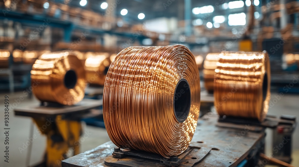 Spools of copper wire are lined up in a brightly lit manufacturing ...