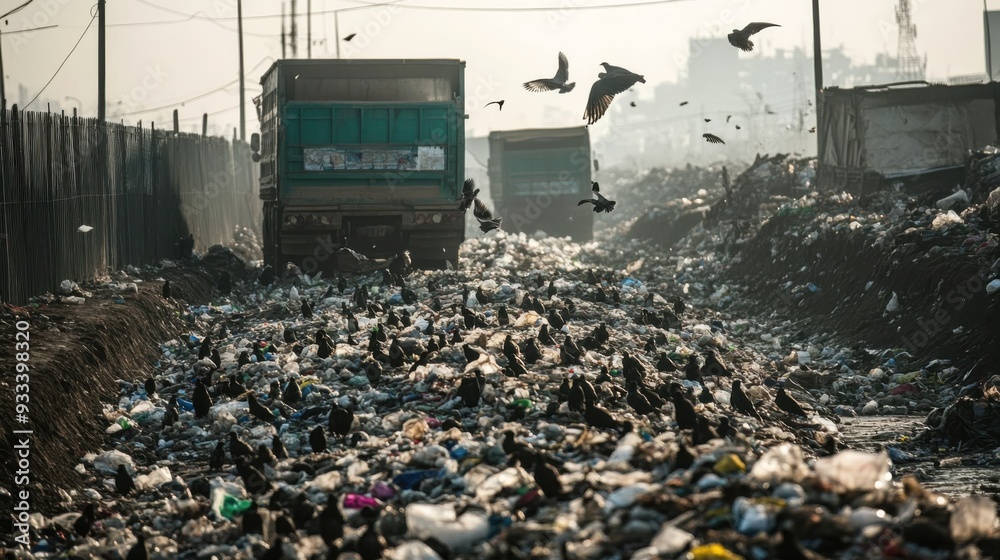 Landfill site overflowing with plastic waste and pollution representing ...