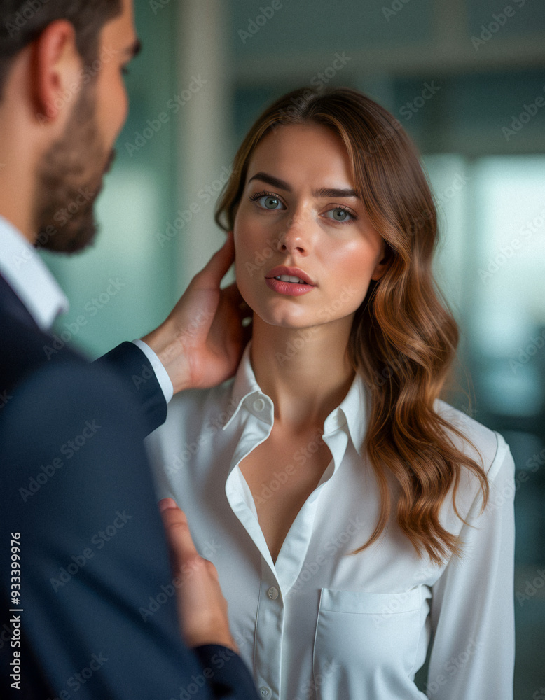 Workplace harassment scene, male boss in suit inappropriately touching young female employee in ...