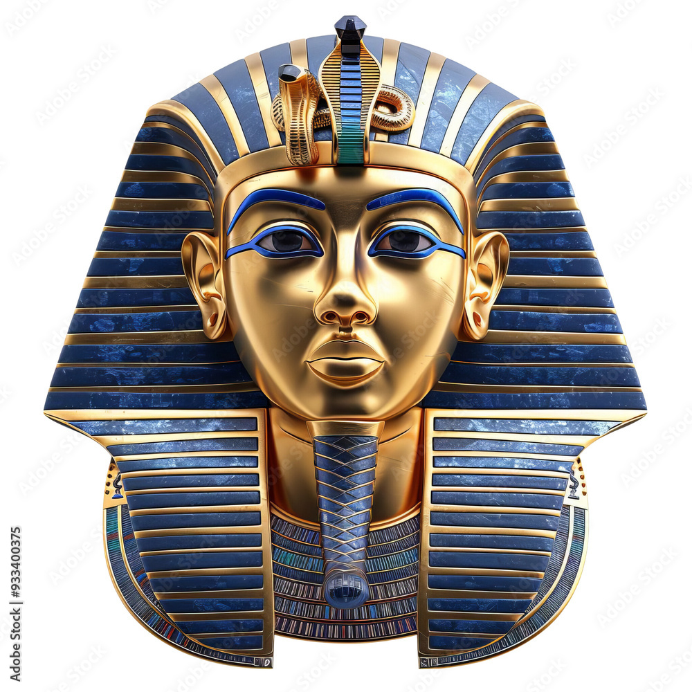 Golden mask of an ancient Egyptian pharaoh with blue headdress and ...