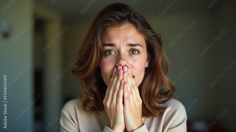 Worried young woman with hands covering mouth, expressing shock and ...