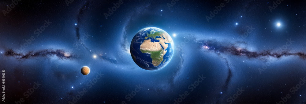 Panoramic Space View with Earth Mars Foreground, Milky Way Galaxy ...
