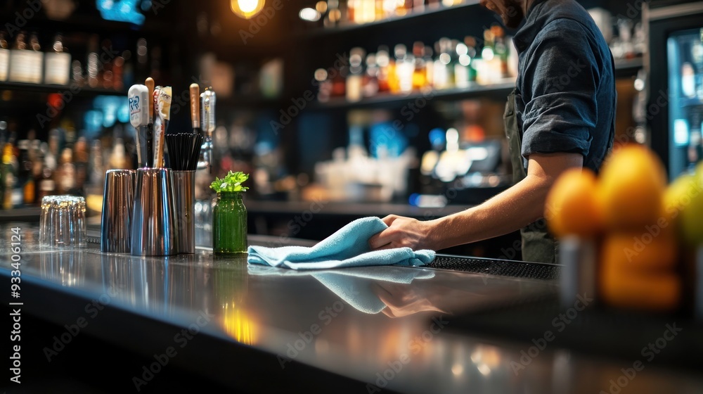 Bartender wiping down the bar counter with a clean cloth, readying the ...
