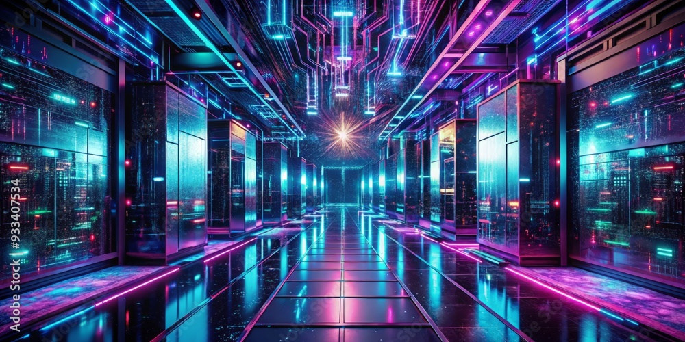 Futuristic, high-tech nightmare of neon-lit server rooms and pulsing ...