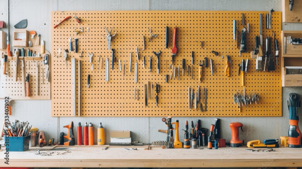 Carpenter organizing tools on a pegboard in a clean and bright workshop ...