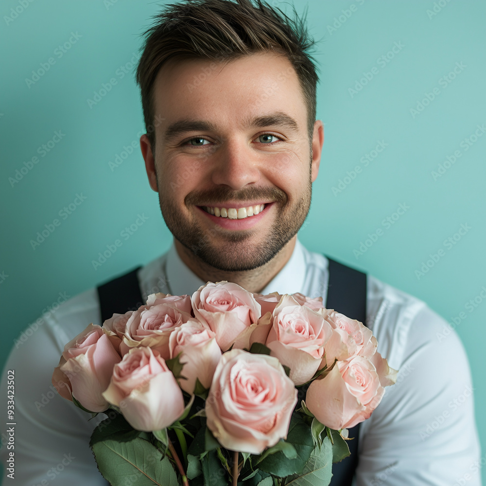 Handsome man gift pink roses bouqet on mint background, he has a white ...