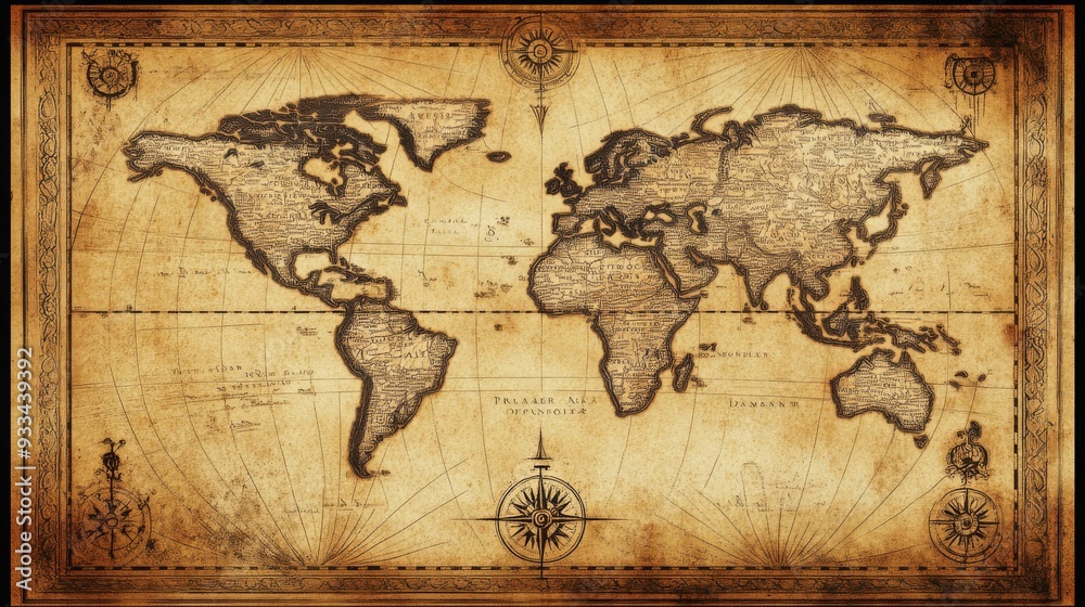 An antique global map with navigation tools, featuring an old world ...