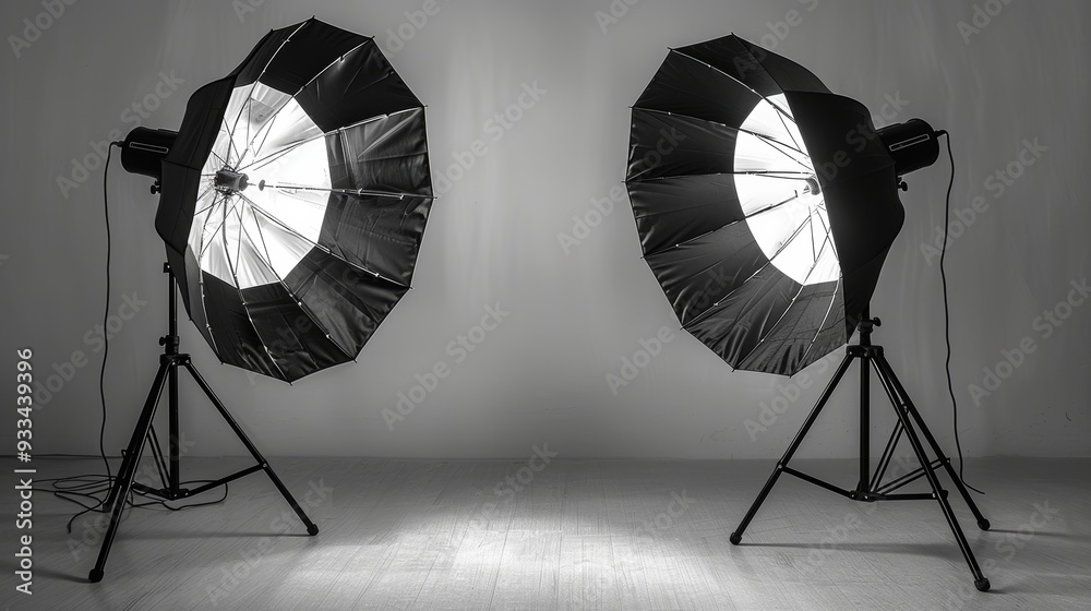 Professional studio lighting setup with softbox umbrellas Stock Photo ...