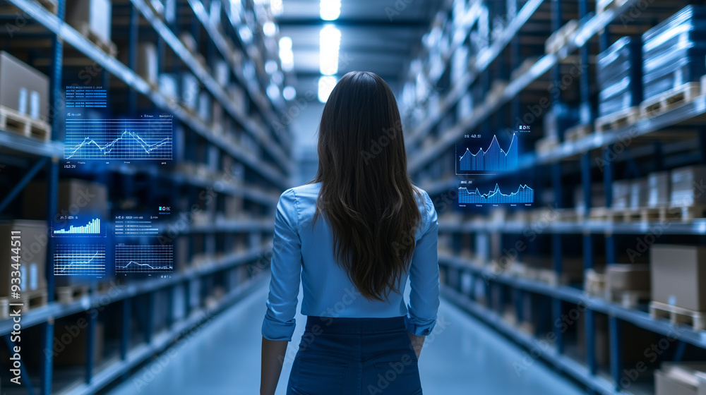 A person in a warehouse walking between rows of shelves, with digital ...