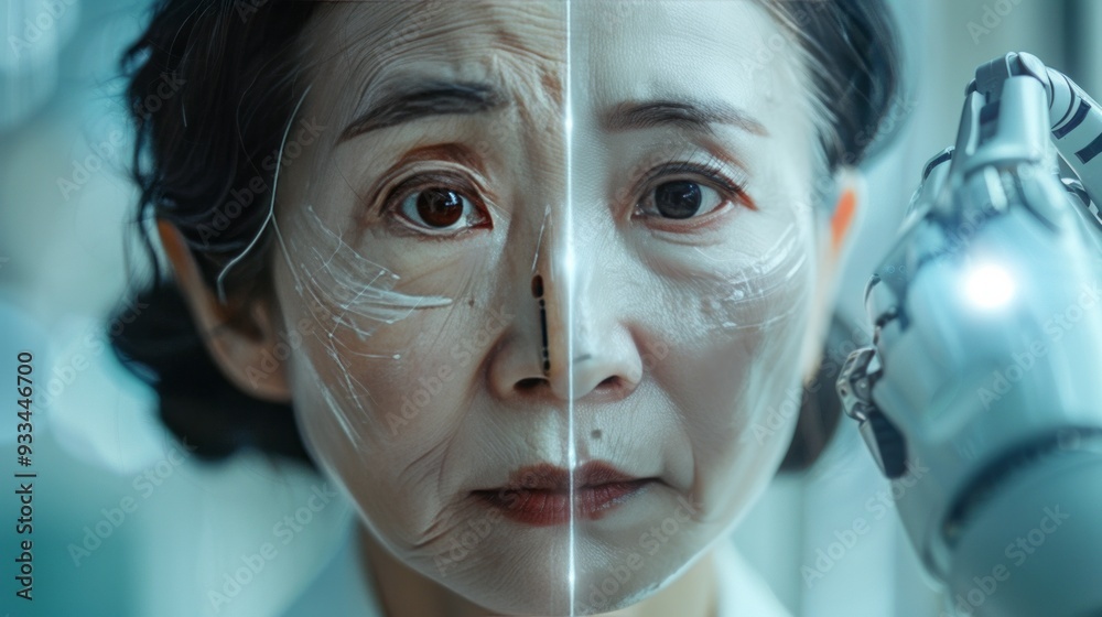 The image is a split screen showing a comparison of a young woman's ...