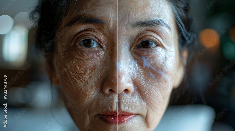 The image is a split screen showing a comparison of a young woman's ...