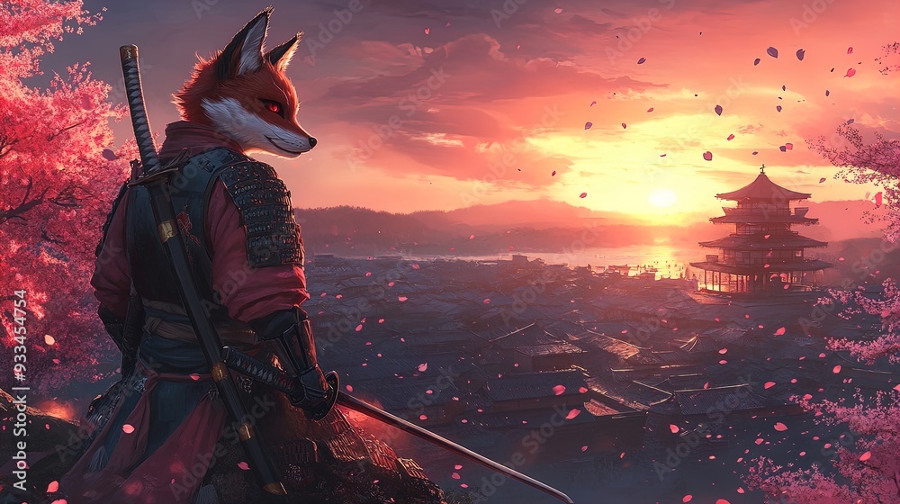 Valiant Fox Samurai with Katana at Sunset: A Serene Village and Cherry ...