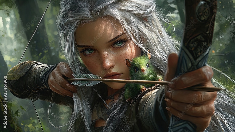 Agile Young Huntress with Silvery Locks and Whimsical Green Critter: A ...