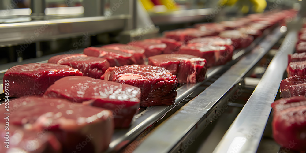 Rows of fresh beef cuts move along a production line in a meat ...