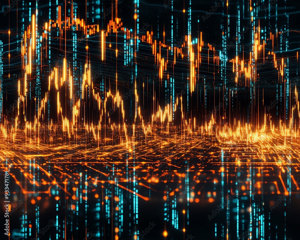 Stock market turmoil, anxious crowd, holographic data projections, dark ...