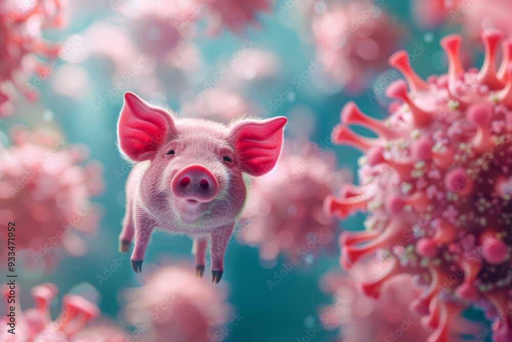 Funny yet thoughtful virus graphic adorable pig head amidst bacteria ...