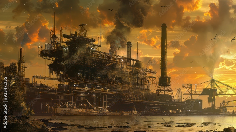 A powerful scene of heavy industry, featuring large-scale machinery ...