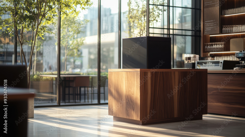 Polished dark wood shtender standing in front of a boutique cafe, sleek ...