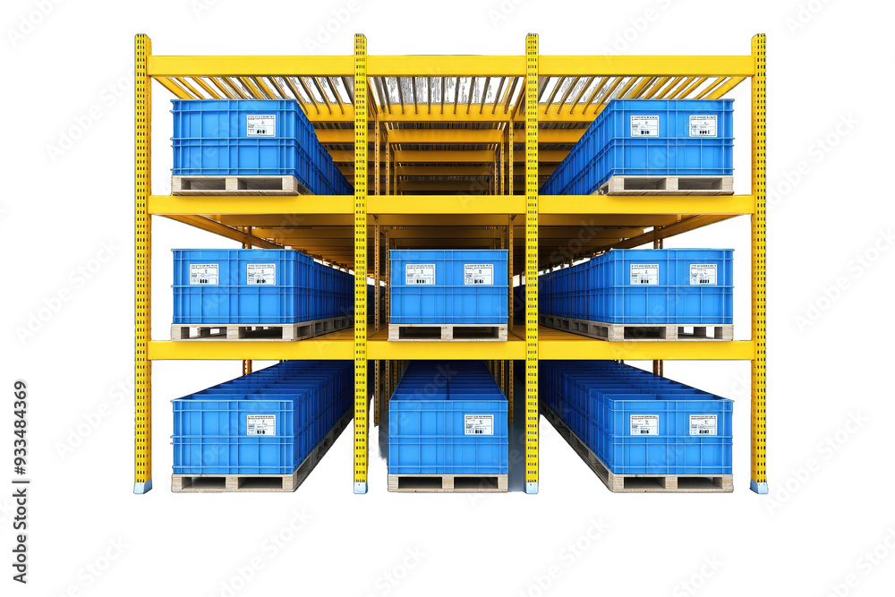 Colorful shelving unit filled with blue containers, ideal for warehouse ...