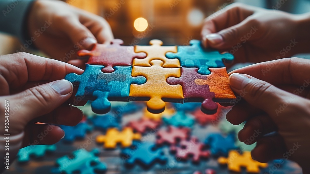 Diverse group of hands assembling a colorful vibrant jigsaw puzzle on a ...