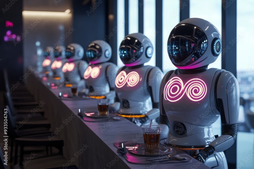'A modern cafe featuring identical, futuristic robot servers with ...